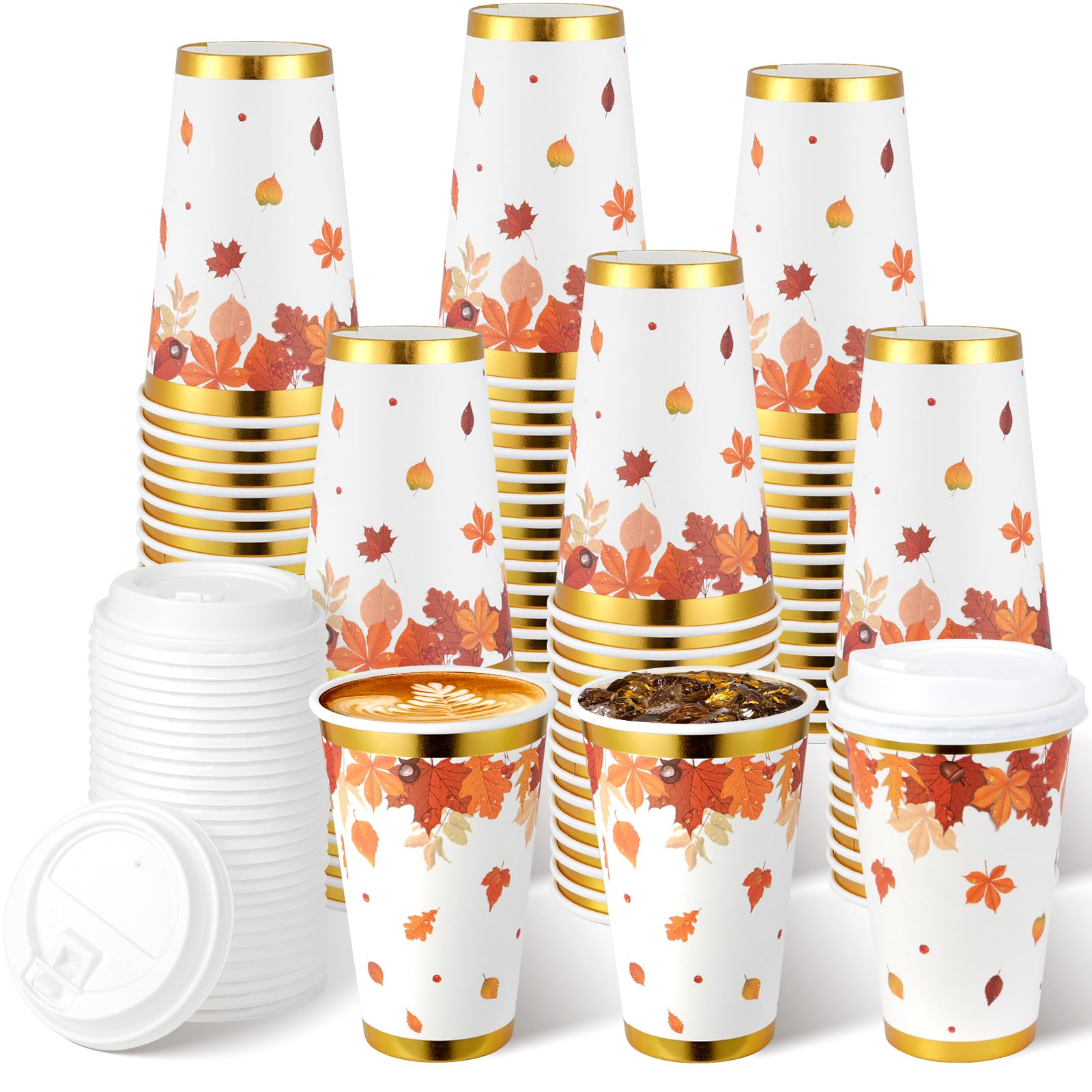 Amazon.com: 100pcs 16 Oz Fall Coffee Cups With Lids Disposable Maple ...