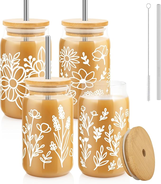 Amazon.com: Ayemol Cute Glass Cups with Bamboo Lids Straws with Wild ...
