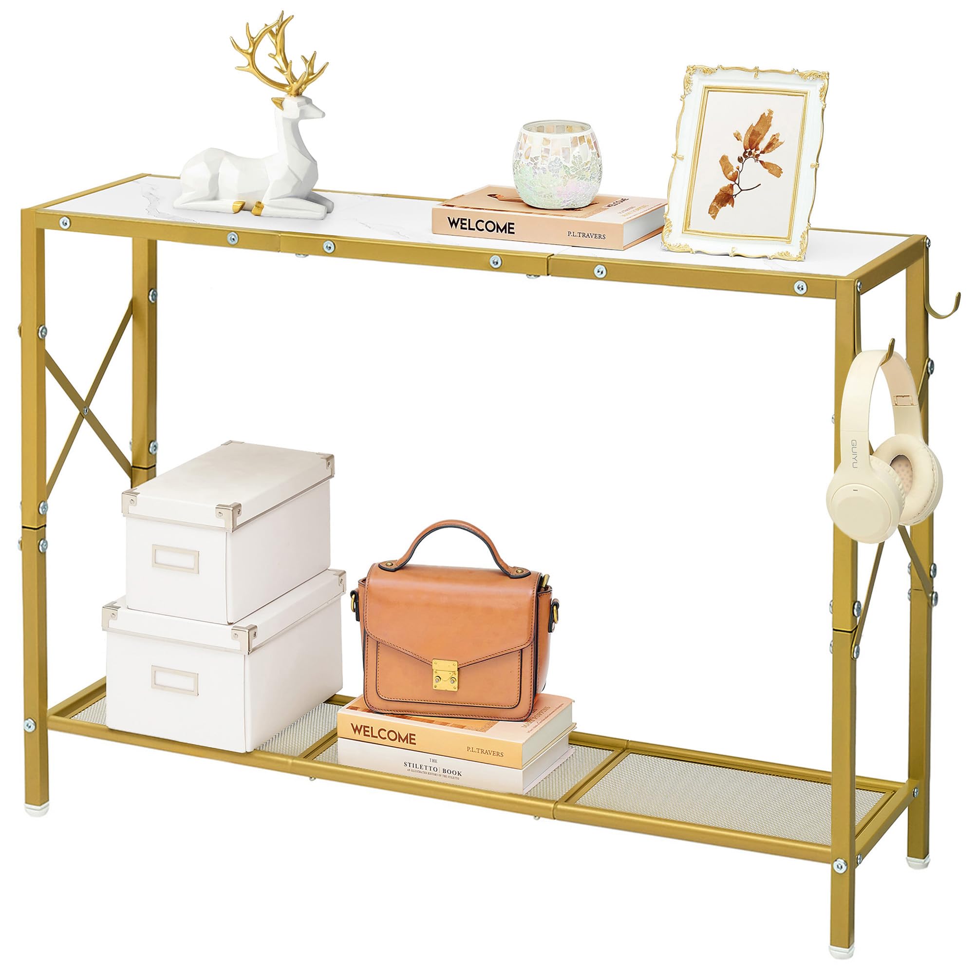 Snapklik.com : Gewudraw Gold Console Table, 2 Tier Narrow Entryway Table