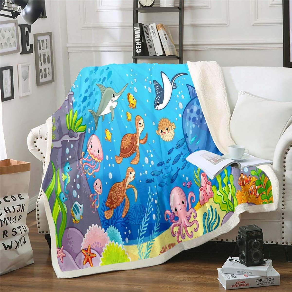 Amazon.com: Feelyou Ocean Sherpa Cartoon Whale Sea Turtle Fleece Throw ...