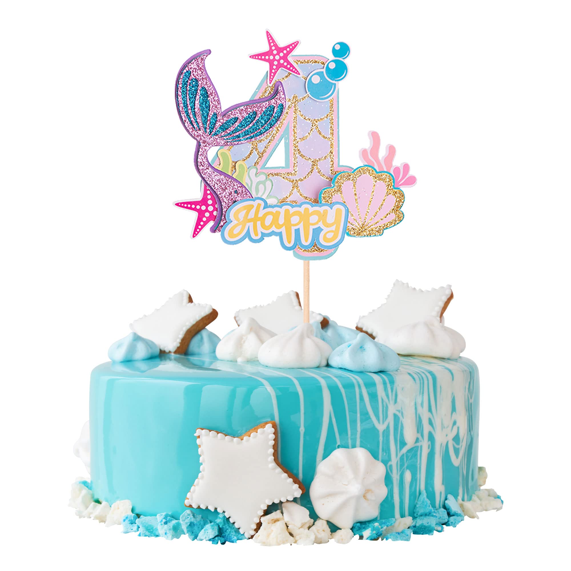 Amazon.com: Gyufise 1Pc Mermaid Four Cake Topper Happy 4th Birthday ...