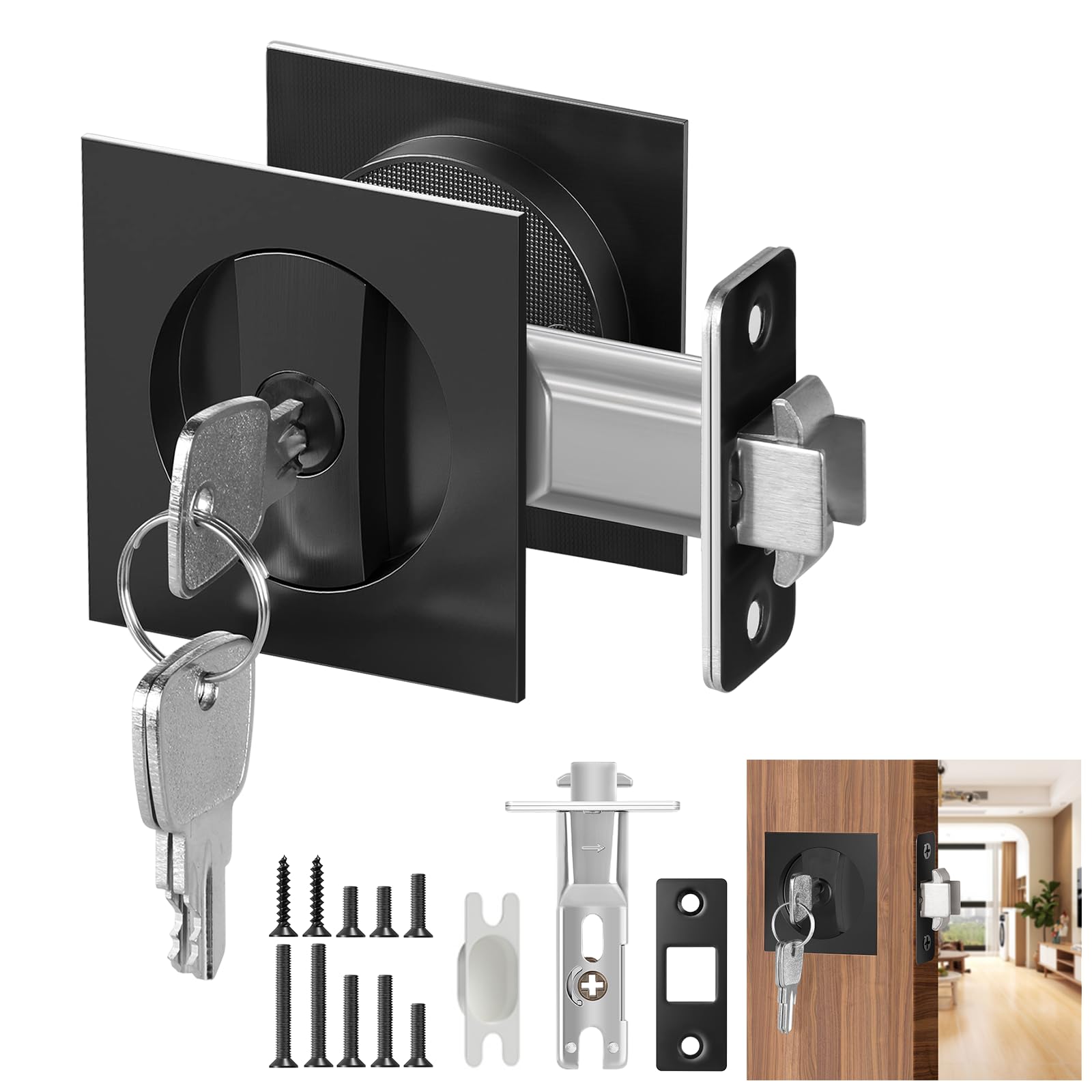 Aglehome Square Pocket Door Hardware, Pocket Door Lock Matte Black ...
