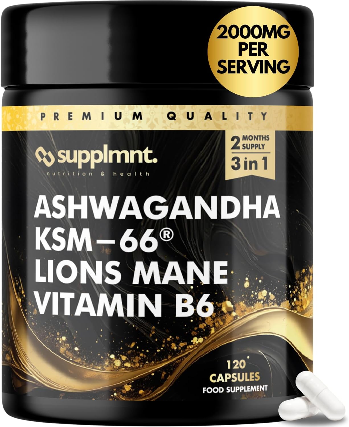 Ashwagandha KSM-66, Lions Mane & Vitamin B6 Capsules - High Strength ...
