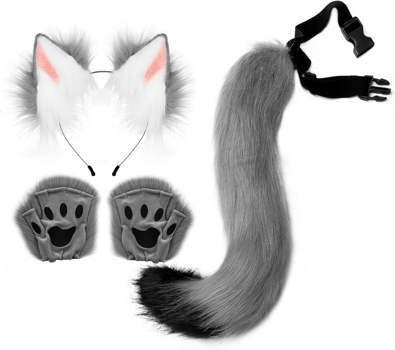 Amazon.com: HAOAN Faux Fur Wolf Ears Headband Fox Tail and Paw Gloves ...