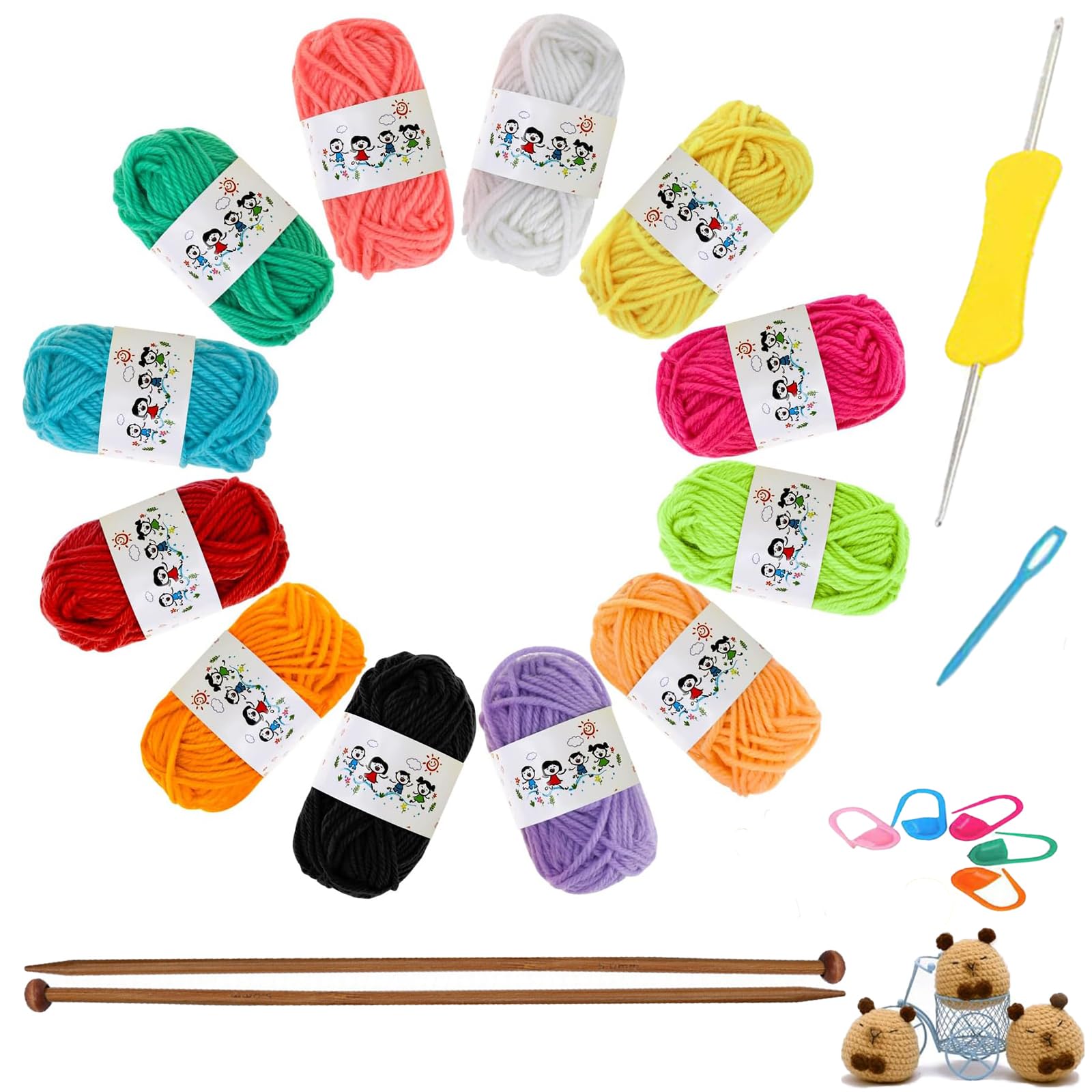 21 Piece Set Knitting Kits,12 Colours Yarn & 2 Bamboo Knitting Needles ...