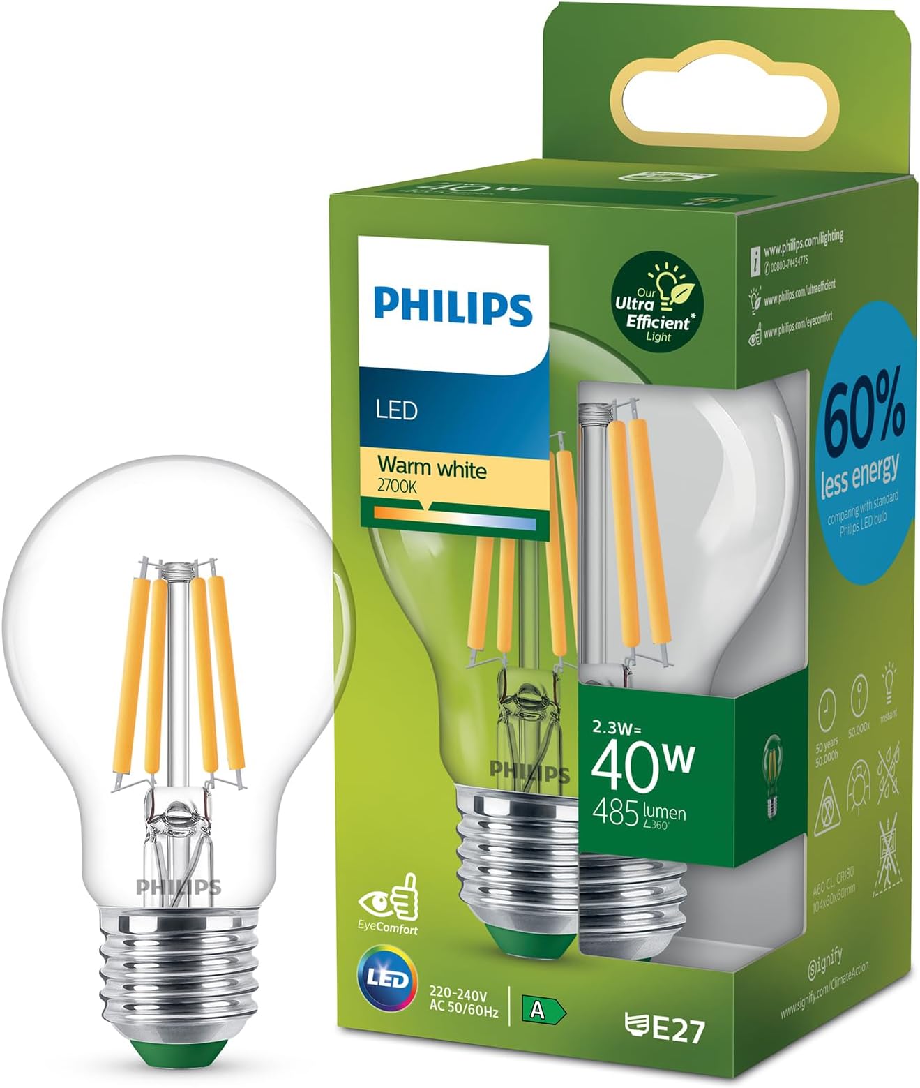 Philips LED Classic ultraeffiziente E27 Lampe (40 W), LED Lampe mit ...
