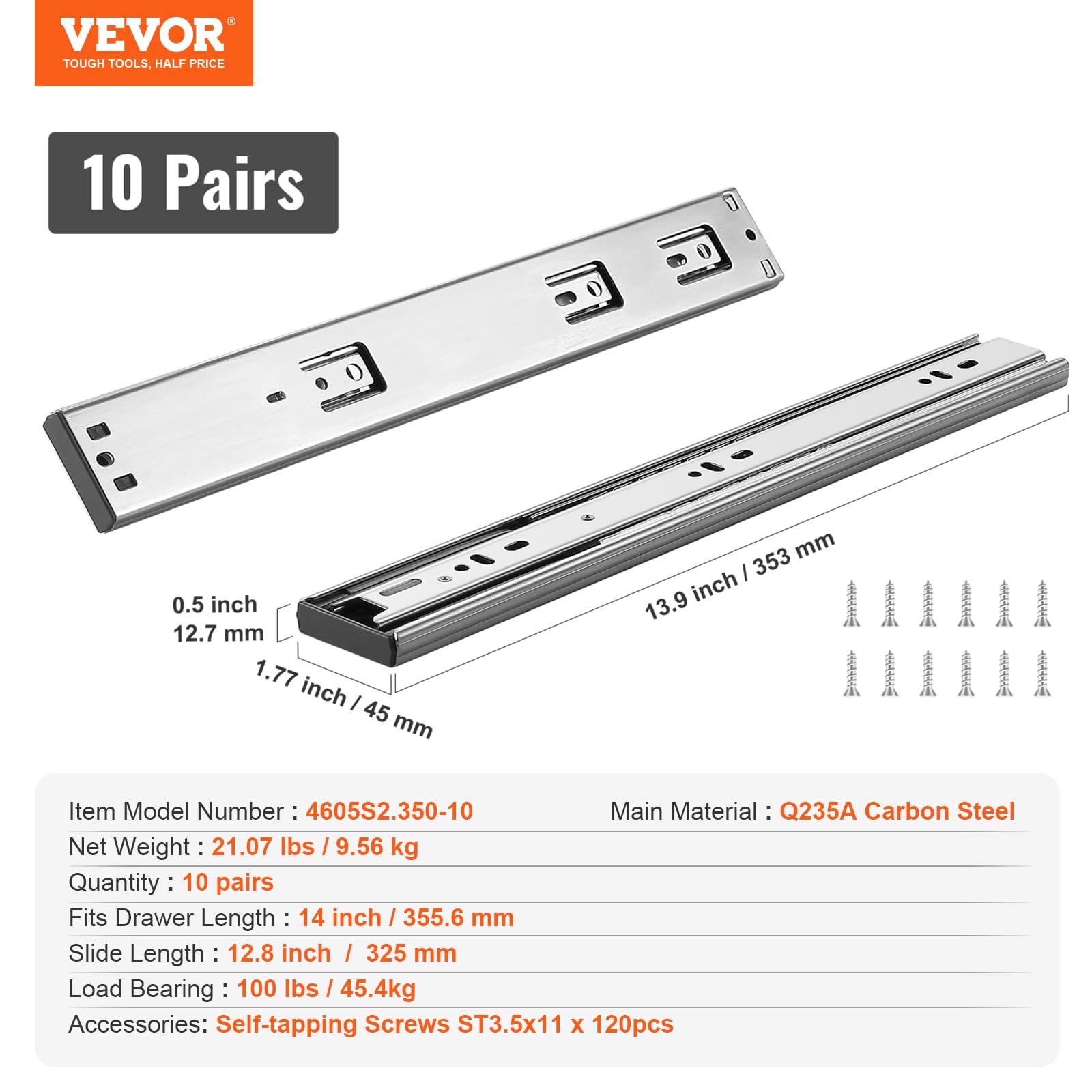 VEVOR 10 Pairs of 14 Inch Drawer Slides Side Mount Rails, Heavy Duty ...