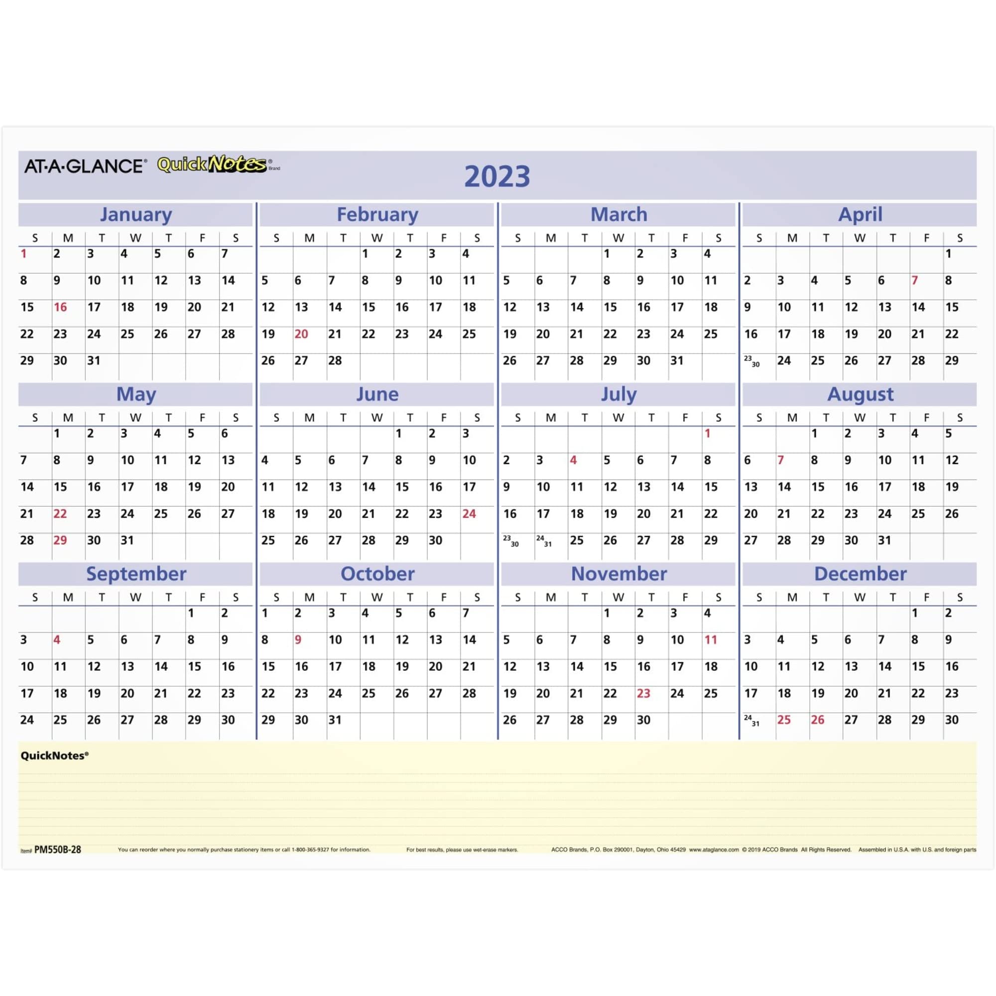 AT-A-GLANCE 2023 Erasable Calendar, Dry Erase Wall Planner, QuickNotes ...
