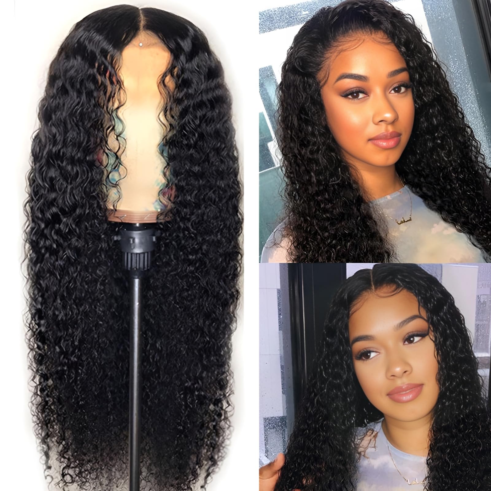 Long Curly Black Wigs for Women, Synthetic Wigs Human Hair, Glueless ...