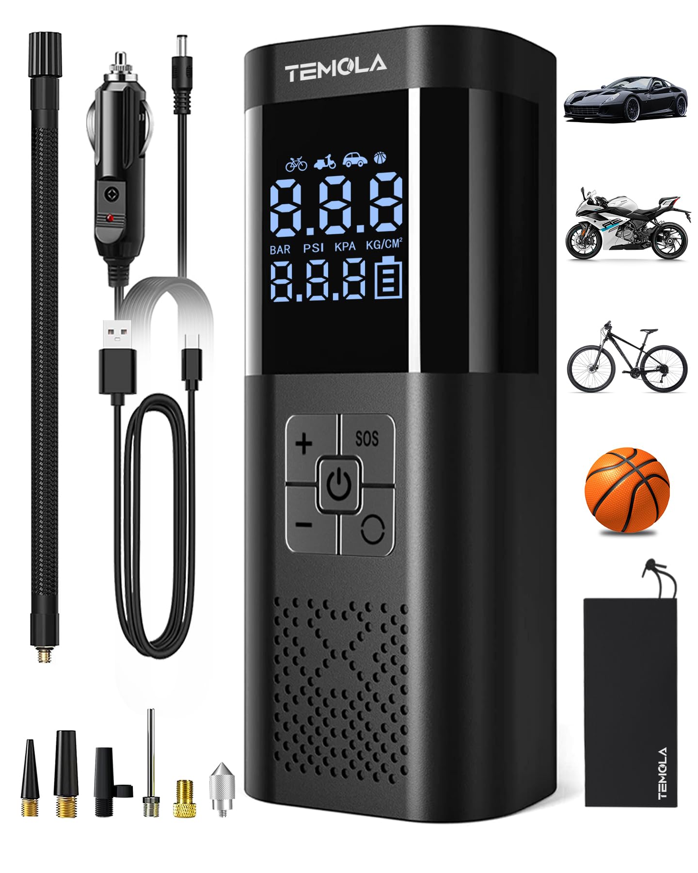 TEMOLA Tire Inflator Portable Air Compressor, 12V DC Air Pump for Car ...