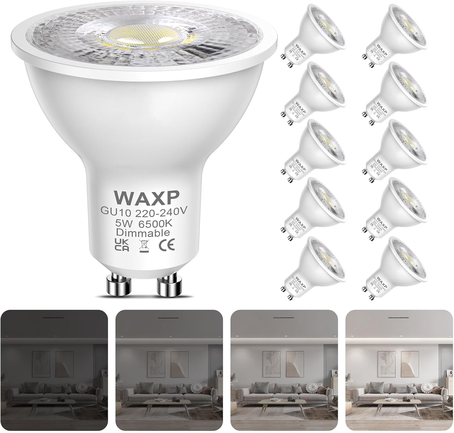 GU10 LED Bulbs Cool White Dimmable 5W, 6500K, 365lm, No Flickering ...