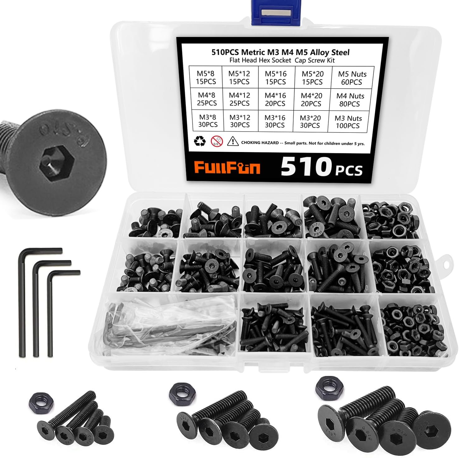 FullFun 510PCS M3 M4 M5 Hex Socket Flat Head Screw Bolts Nuts ...
