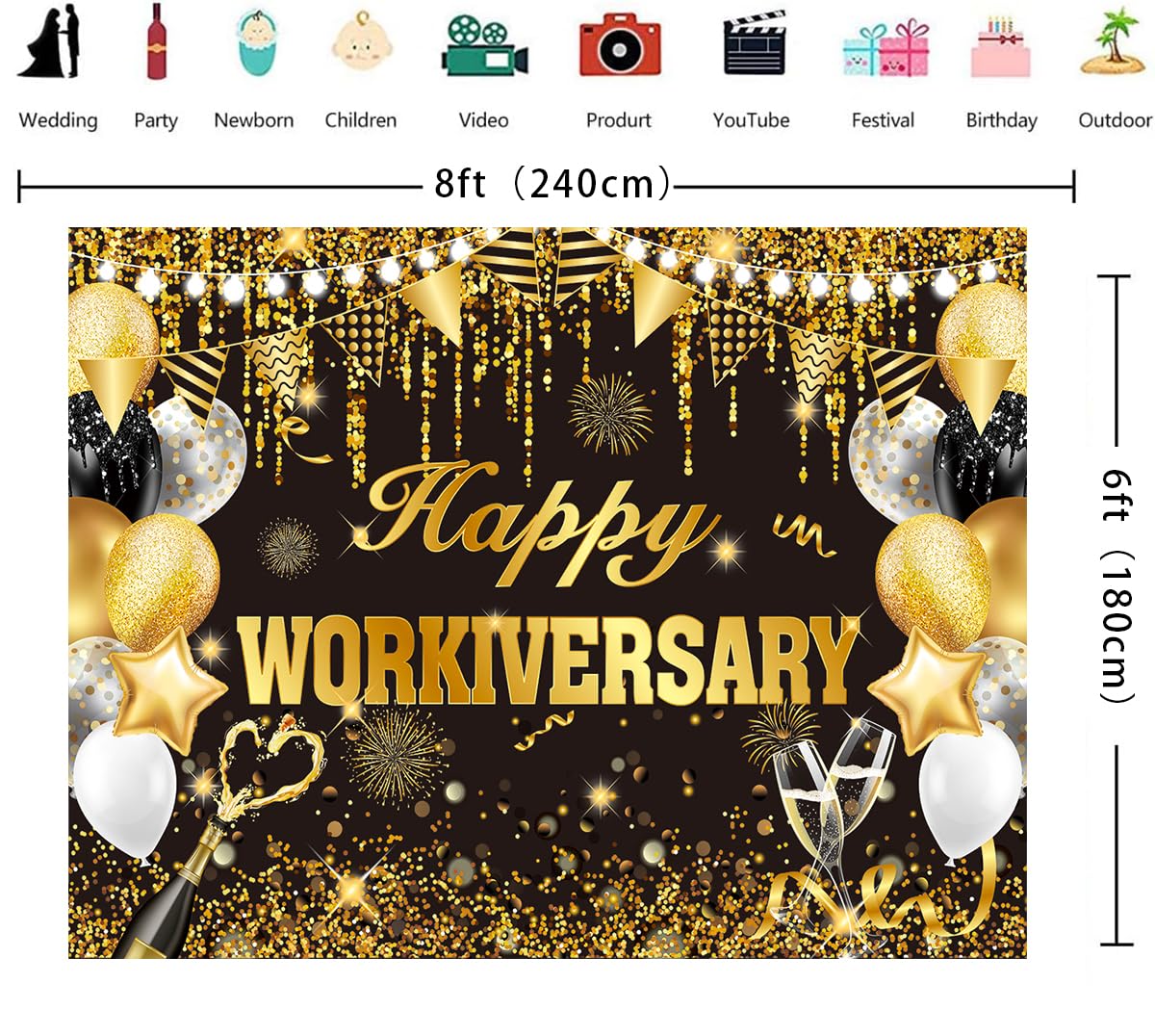 Snapklik.com : Happy Work Anniversary Banner Backdrop 8x6FT Black Gold ...