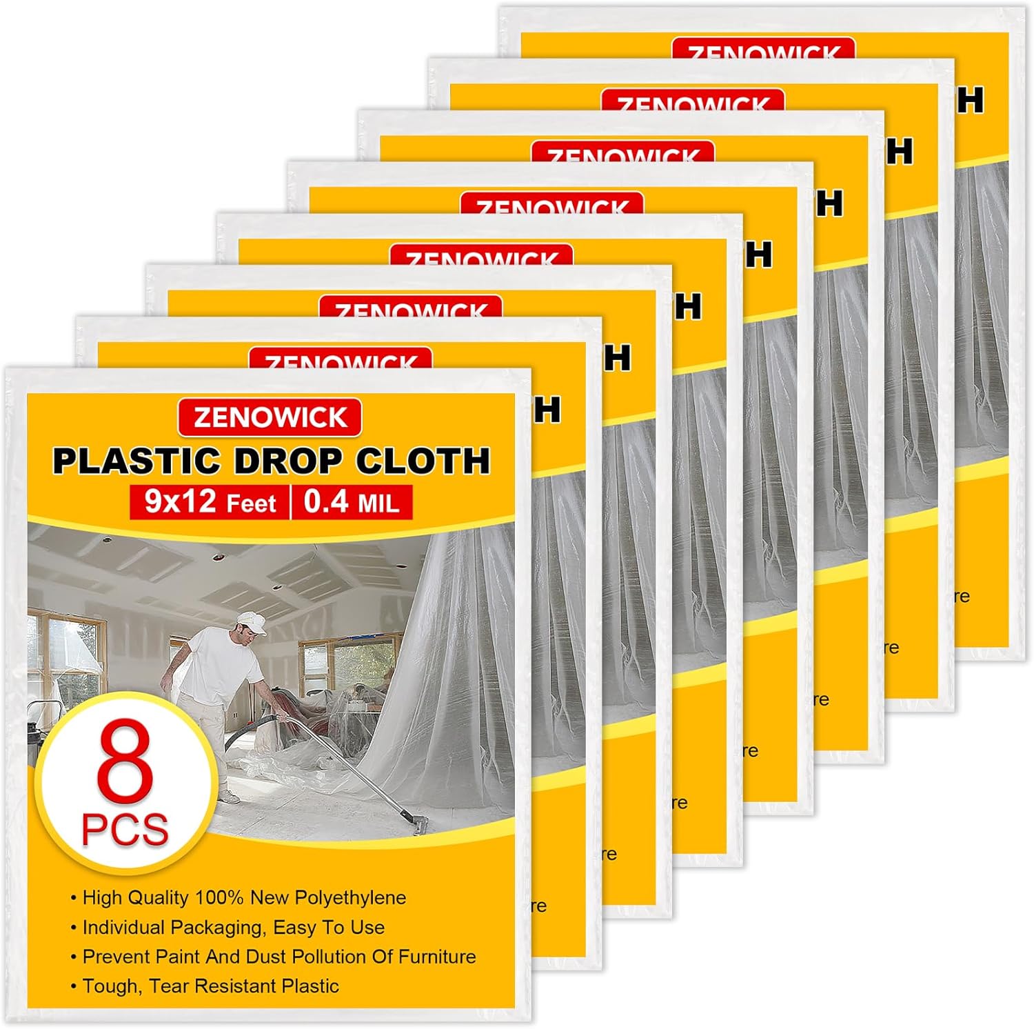 8 Pack Plastic Drop Cloth, 9x12 Ft Plastic Sheeting for Painting, Dust ...