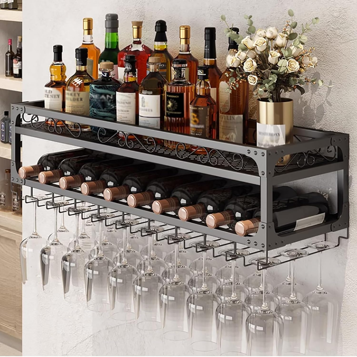 Amazon.com: Wall Mounted Wine Rack with Glass Holder,Metal Wine Bottle ...