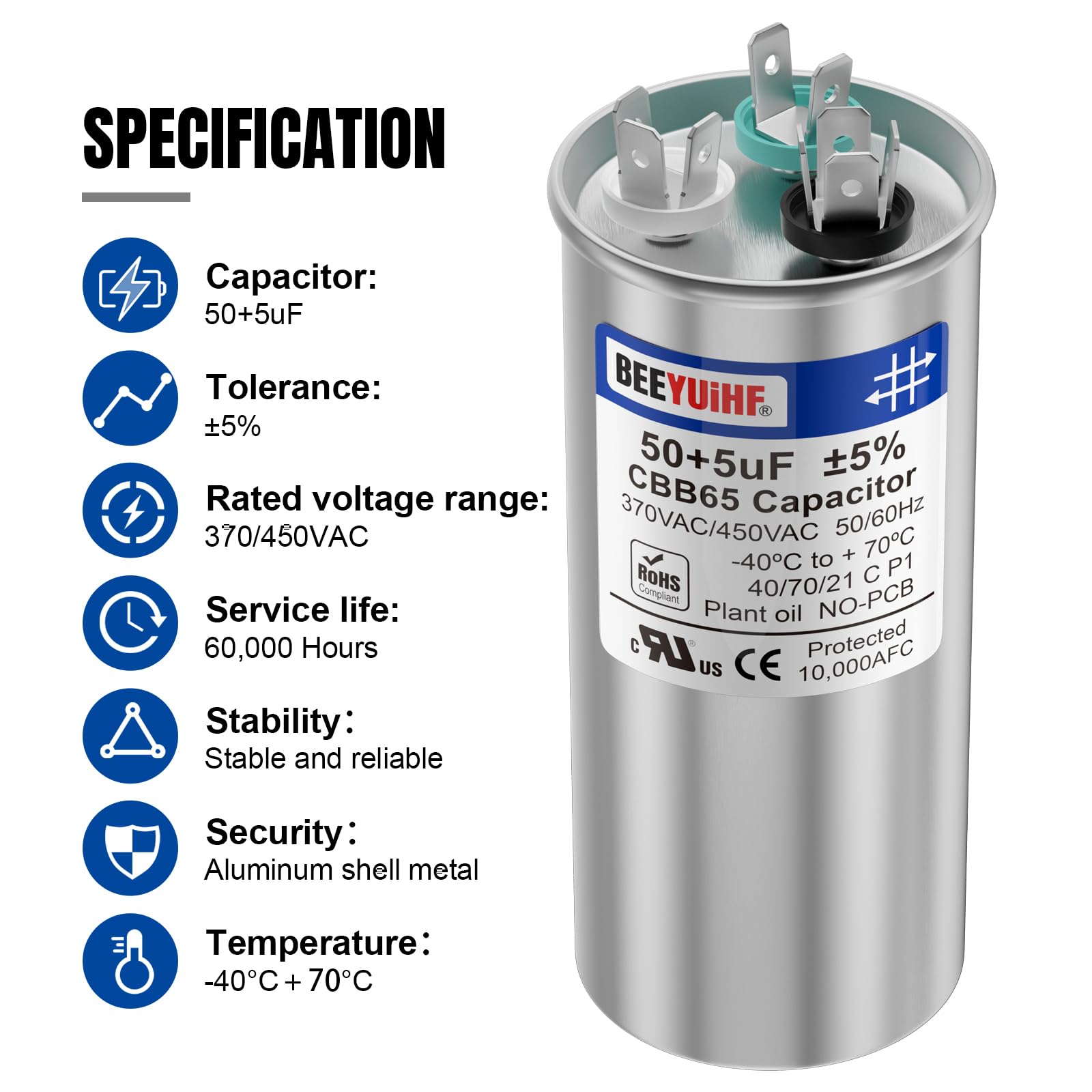 Snapklik.com : 50+5uF 5% 50/5 MFD 370VAC 440VAC 450VAC 50/60Hz CBB65B ...