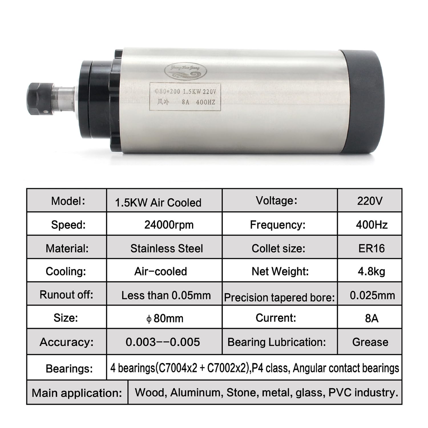 Cnc Machine EU Tool Spindle 1500w 1.5kw 24000RPM 400hz ER11 Air Cooling ...