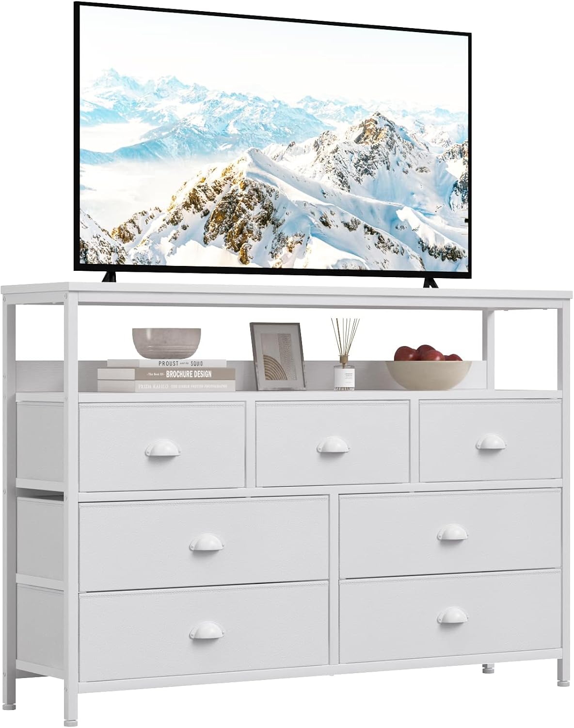Amazon.com: Furologee White TV Console Table, TV Stand with 7 Storage ...