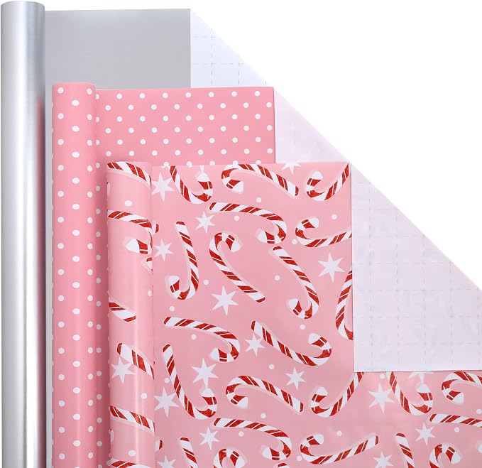 Amazon.com: BIOBROWN Pink Christmas Wrapping Paper with Tags and Trim ...