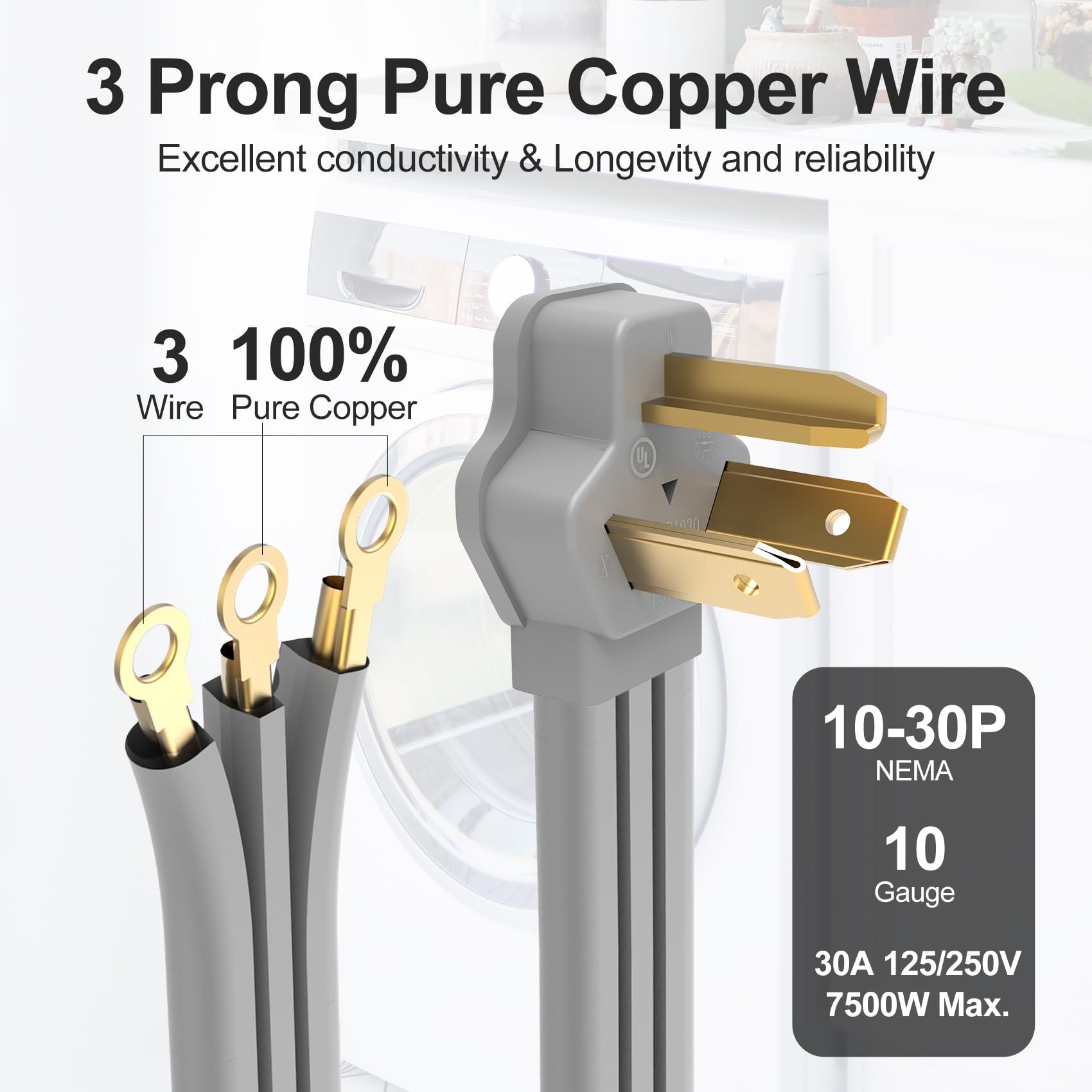 Snapklik.com : TOPDC 3 Prong Dryer Cord, 30 AMP Appliance Power Cord 10 ...