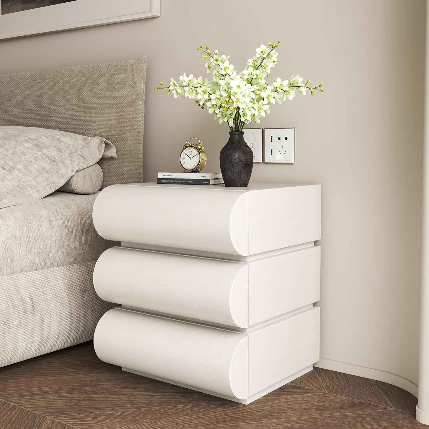 Amazon.com: Modern Off White Nightstand with 3 Drawers - Leather ...