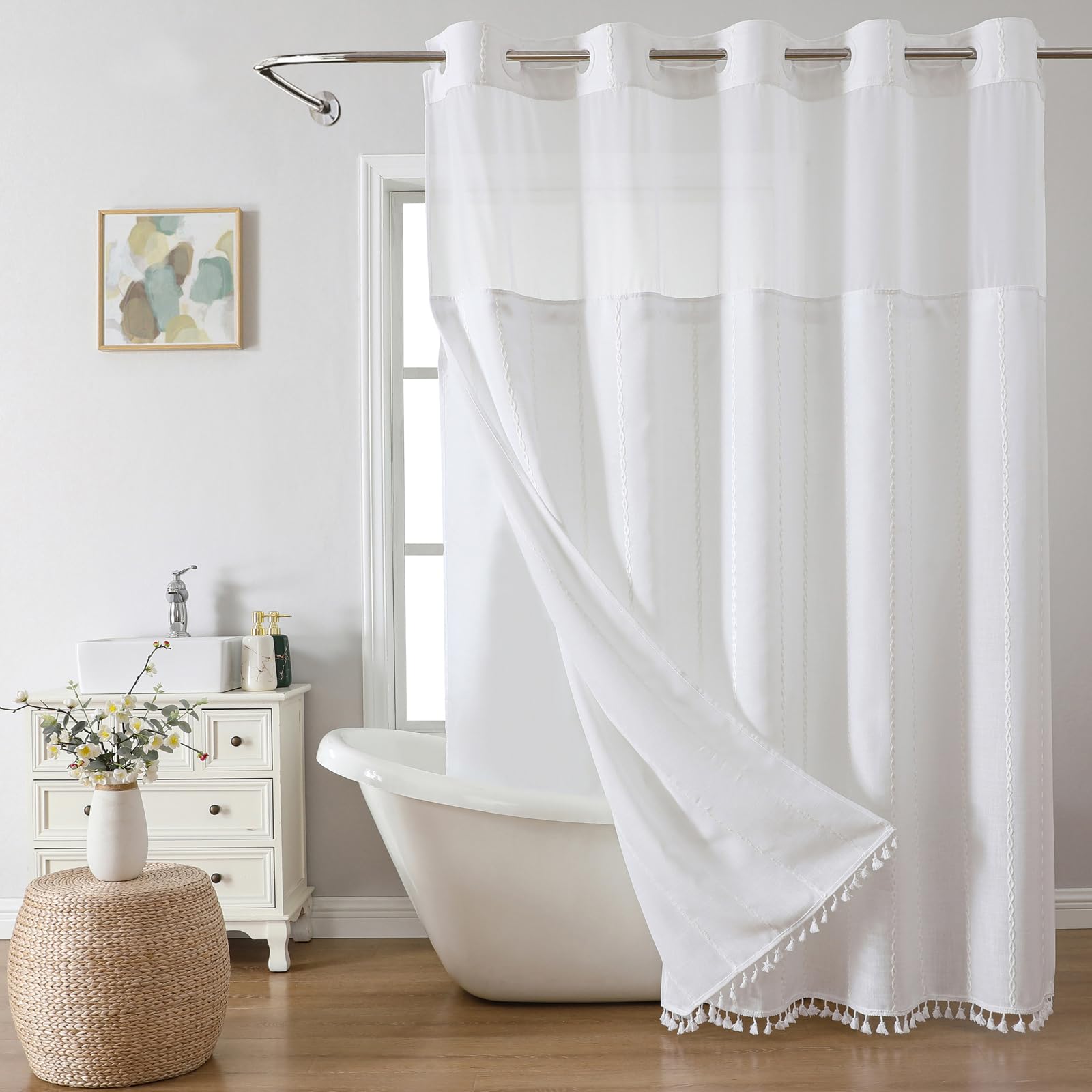 Amazon.com: eachope No Hook Long Shower Curtain Set with Snap-in Fabric Liner,Linen Ultra Thick ...