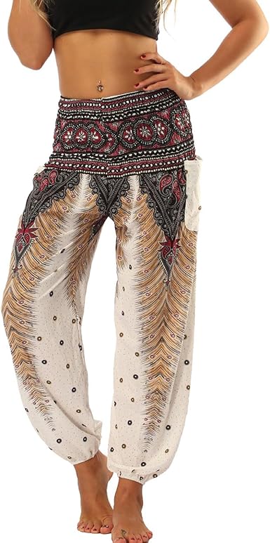 Amazon.com: Lu's Chic Women's Boho Pants Harem Smocked Waist Yoga ...
