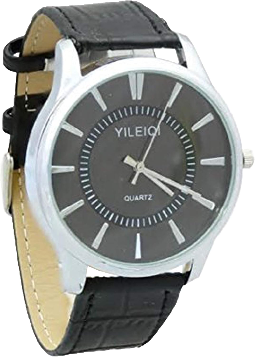 Yileiqi Men's Silver Plated Black PU Leather Strap Black Round Dial ...