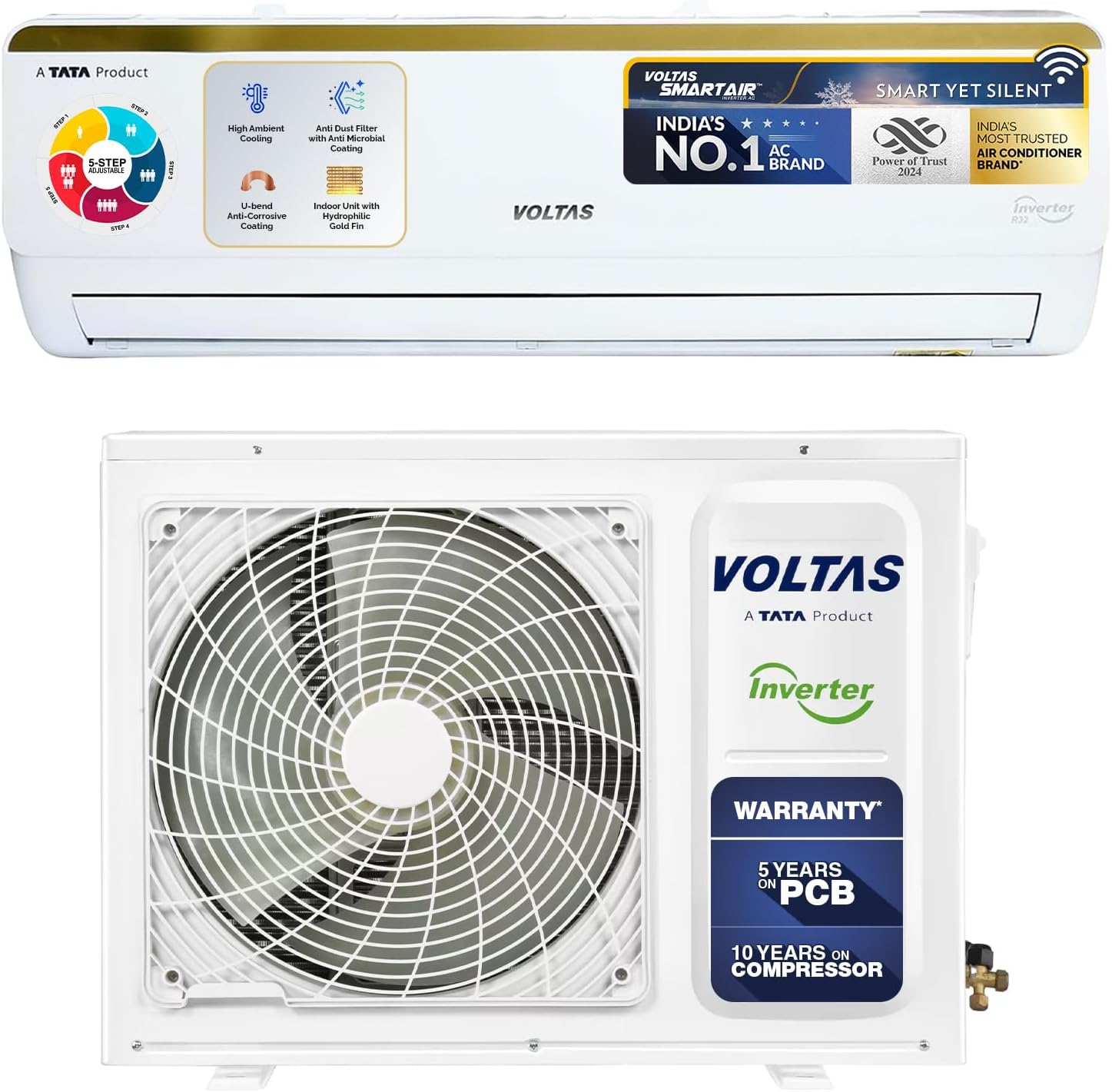 Voltas 1.5 Ton 5 Star Inverter Split AC (Copper, 4-in-1 Adjustable Mode, Anti-dust Filter, 185V ...