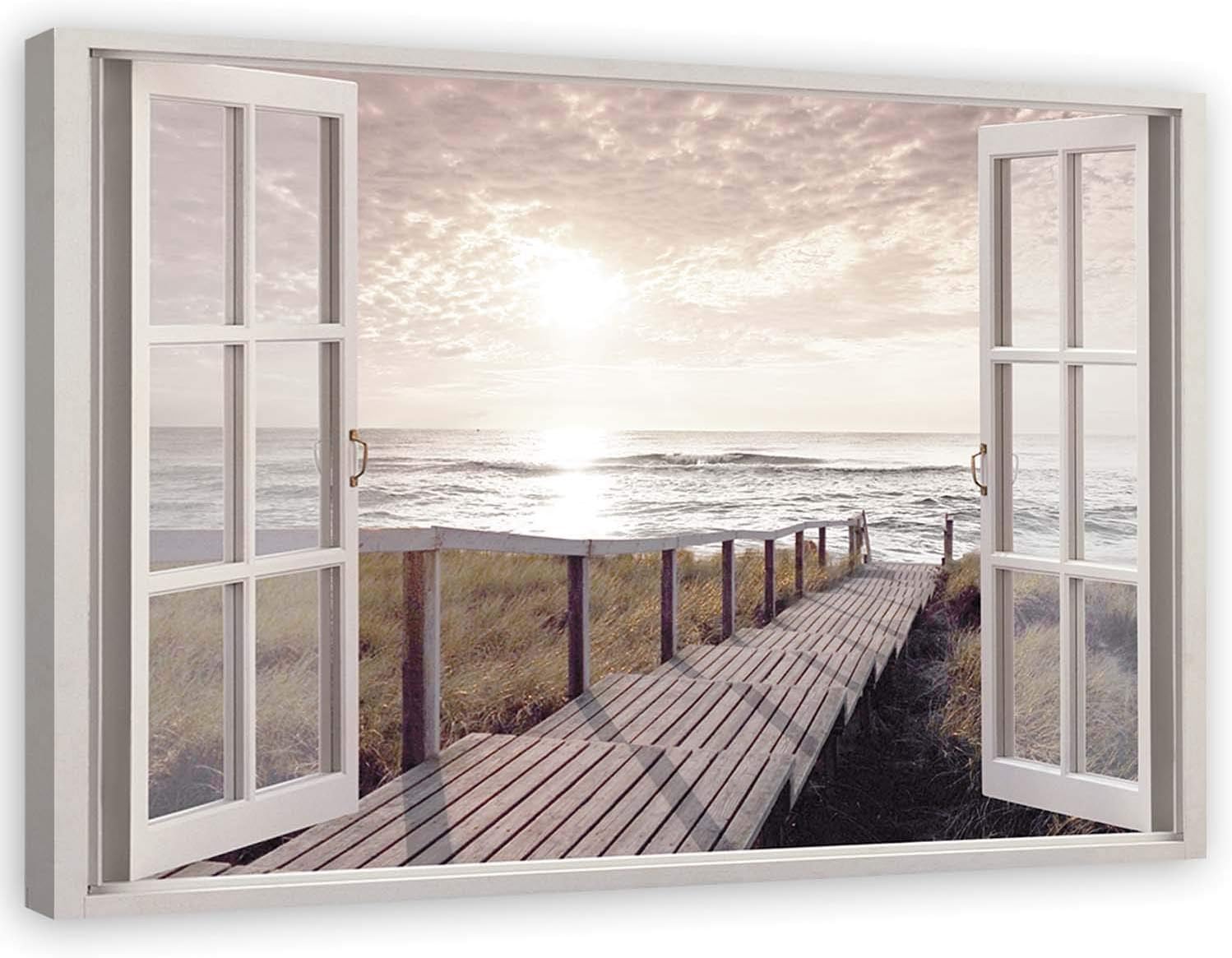 Amazon.de: Feeby Leinwand Bilder - Bild Wohnzimmer - Fensterblick Holzsteg Meer Beige - 120x80 ...