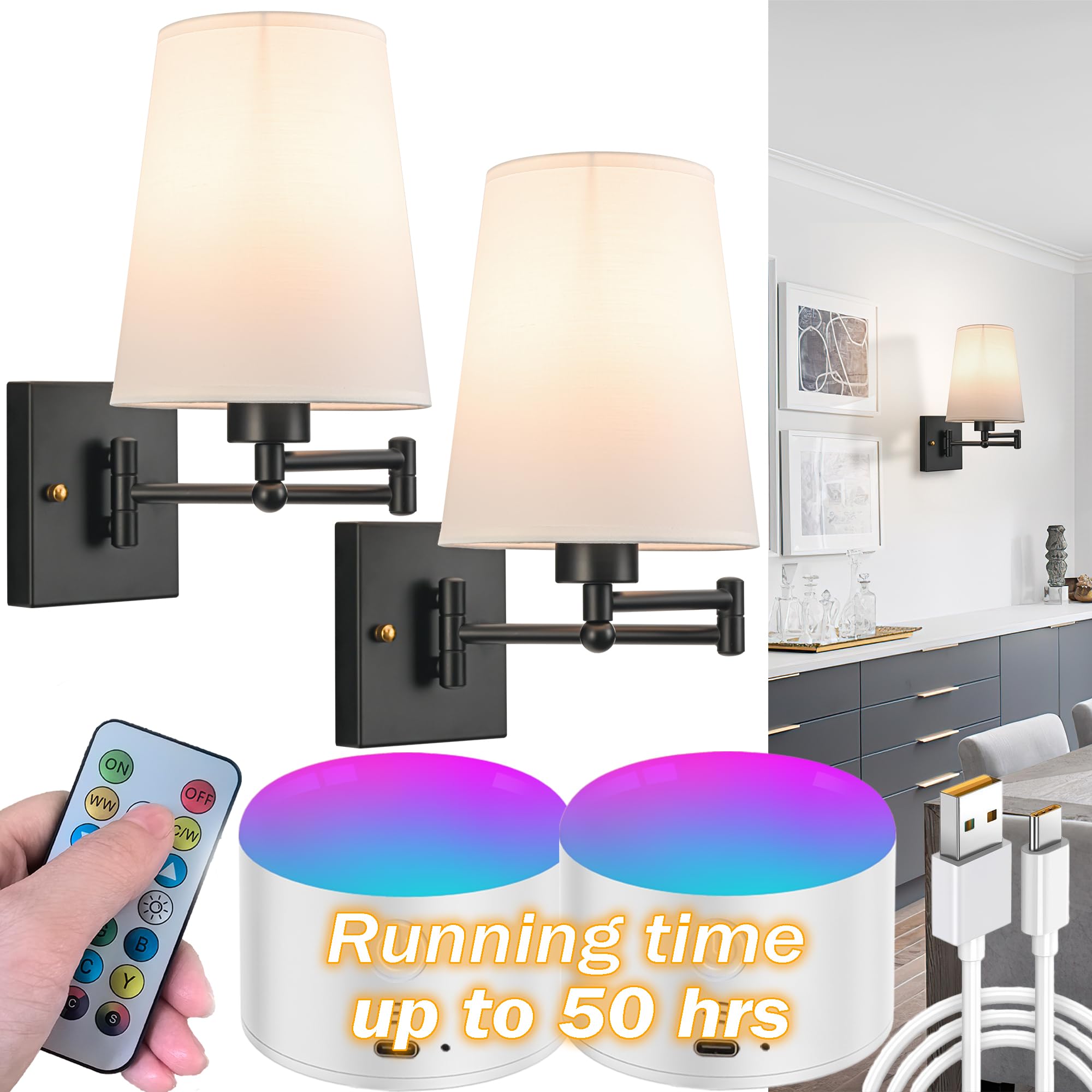 Battery Operated Wall Sconce Set of Two,10000mAh RGB Dimmable Battery ...