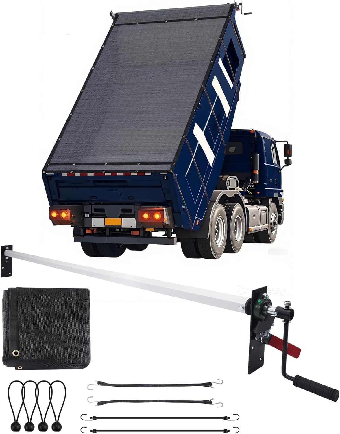 Ezcasch Duty Dump Truck Tarp Roller Kit with 7'x18' Mesh Tarp Hand ...
