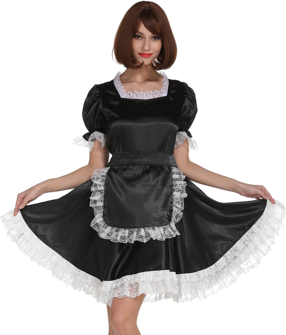 Amazon.com: Women French Maid White Lace Satin Dress Costume : Clothing ...