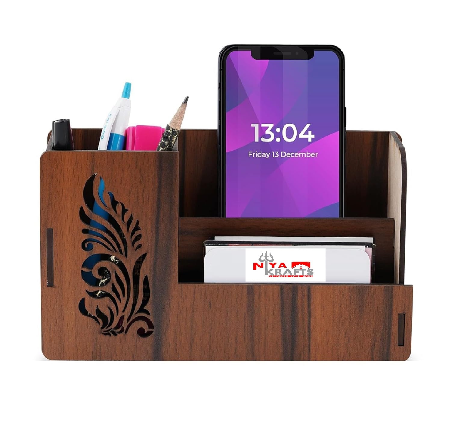 NIYA KRAFTS 3 Compartments Wooden Pen Stand With Visiting Card & Mobile ...