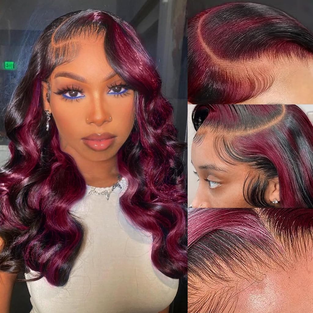 Amazon.com : Skunk Stripe Wig Red With Black Highlights Body Wave Lace ...