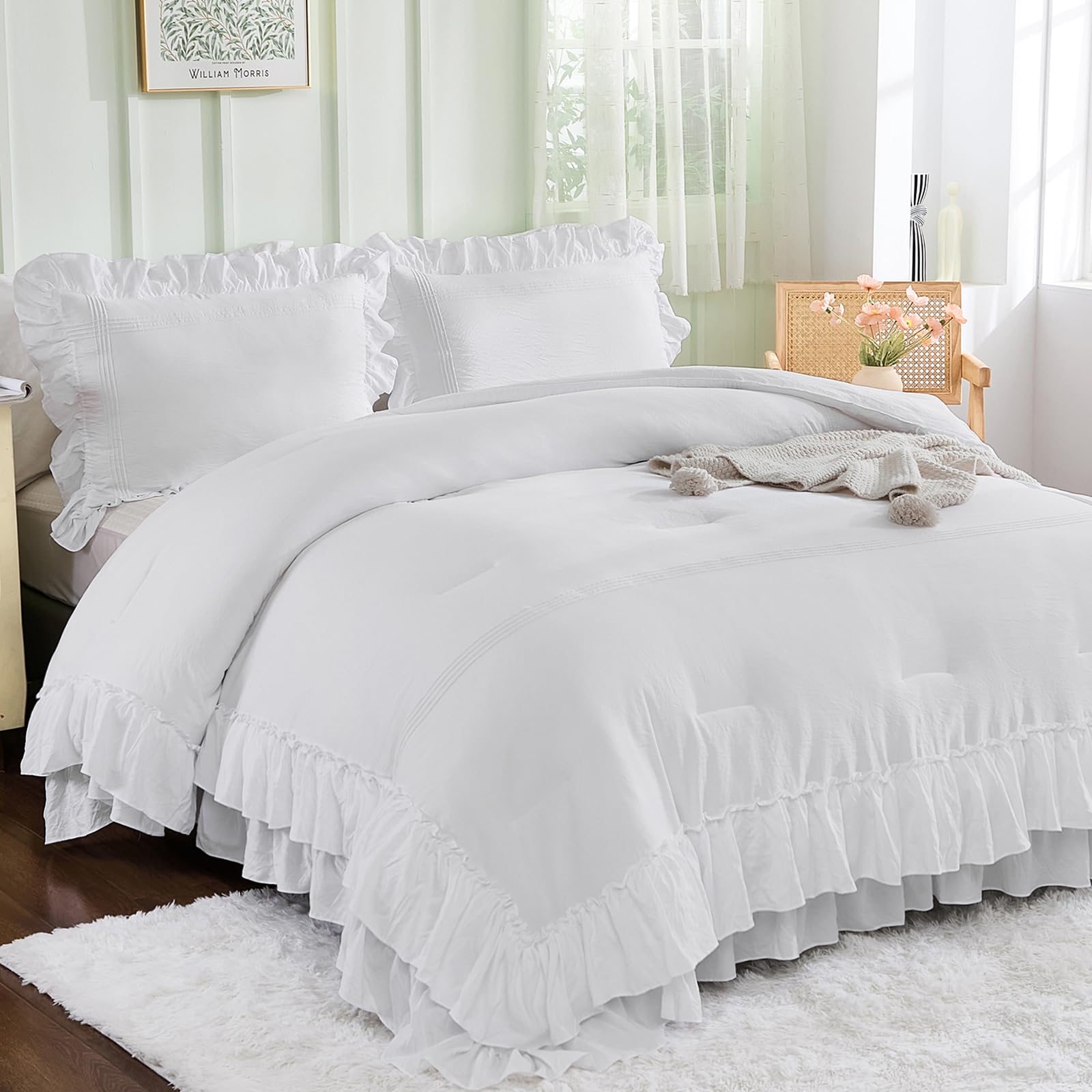 Dintszyayue White Ruffle Comforter Set Queen Size,3 Pieces Microfiber ...