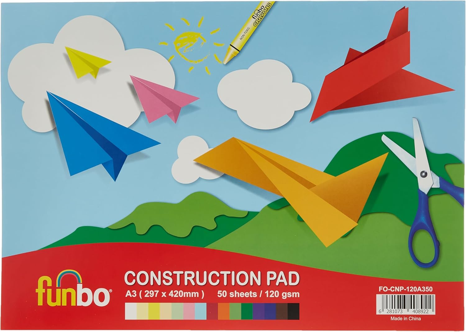 Funbo 120 Gsm 50 Sheets Construction Pad, A3 Size, 15 Assorted Colours ...