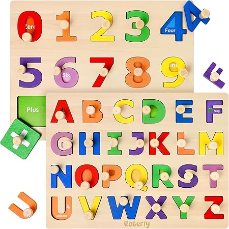 Amazon.com: Roberly Wooden Peg Puzzles for Toddlers, 2 in 1 Alphabet ...