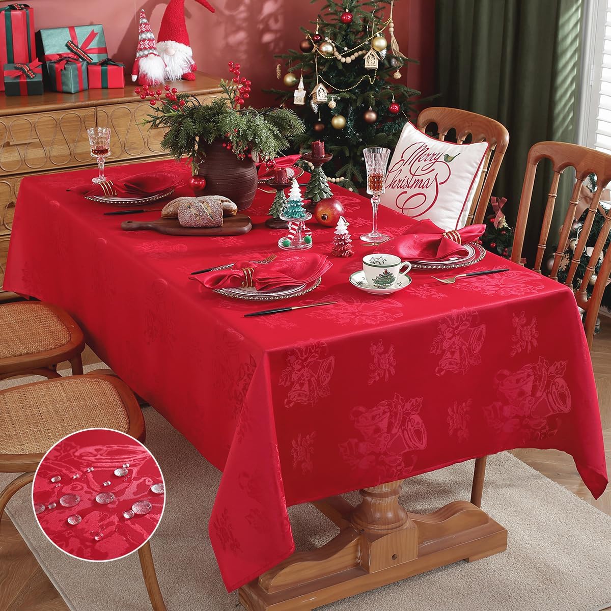 Amazon.com: Christmas Tablecloth Jingle Bells Holly Berry Jacquard ...
