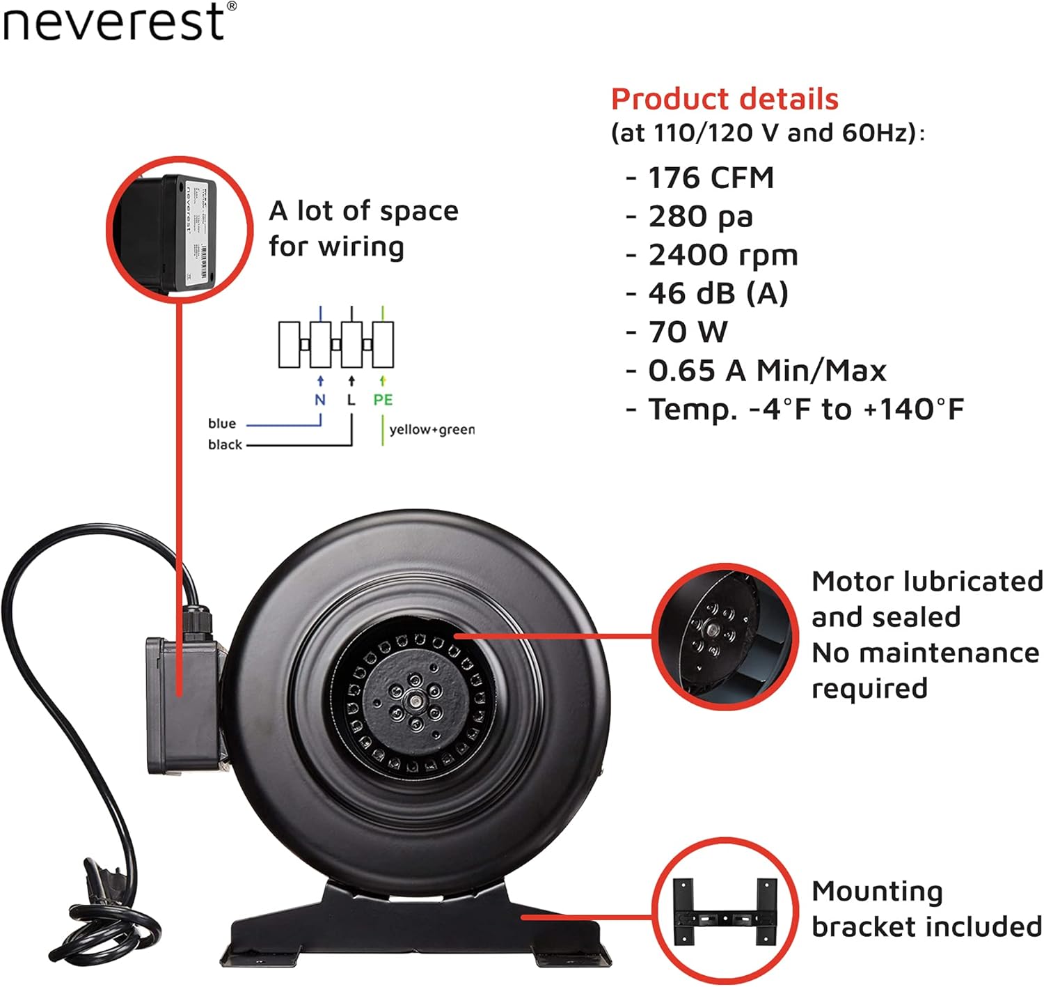 Buy neverest RV-B 4 Inch Inline Fan 176 CFM Industrial Grade Duct ...