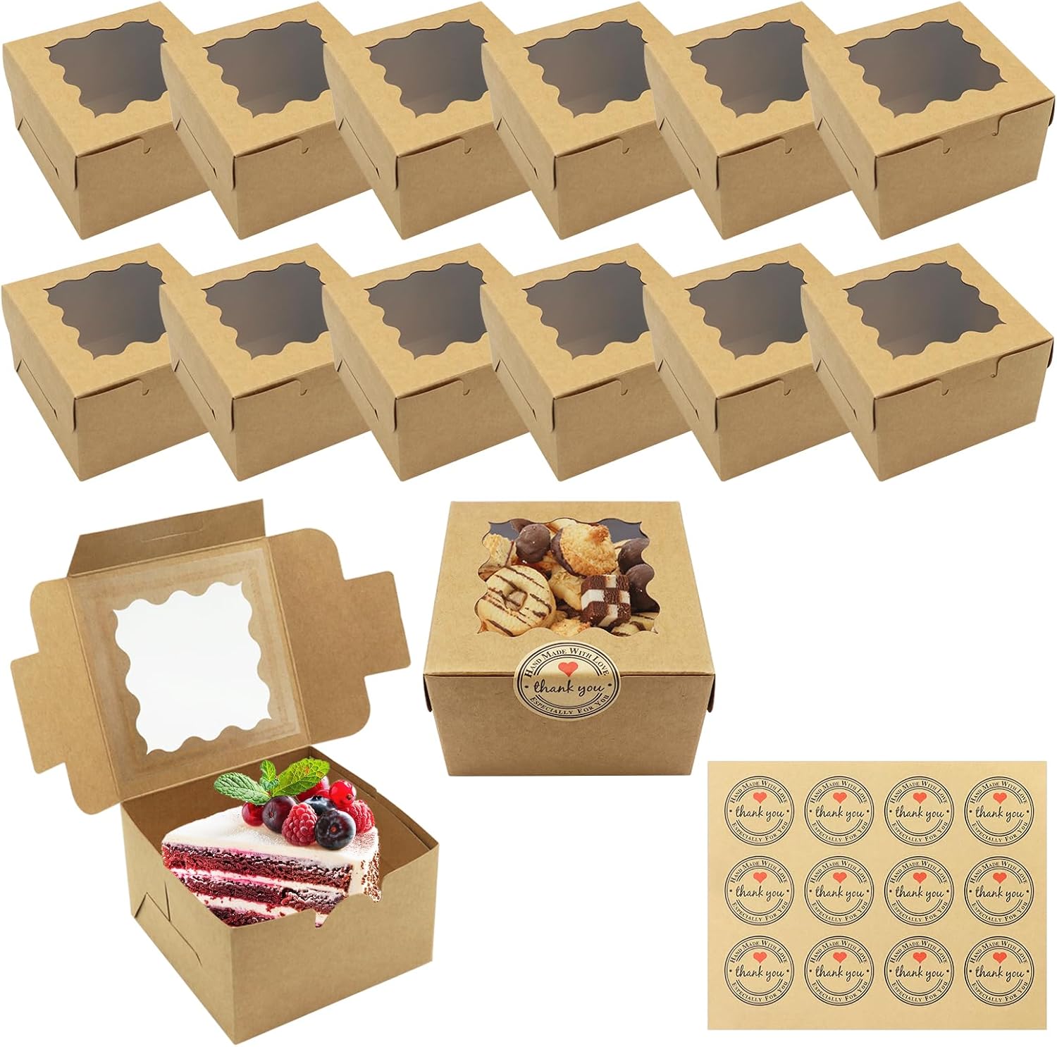 12PCS Small Cake Boxes, Brown Paper Cupcake Boxes Cookie Boxes with ...