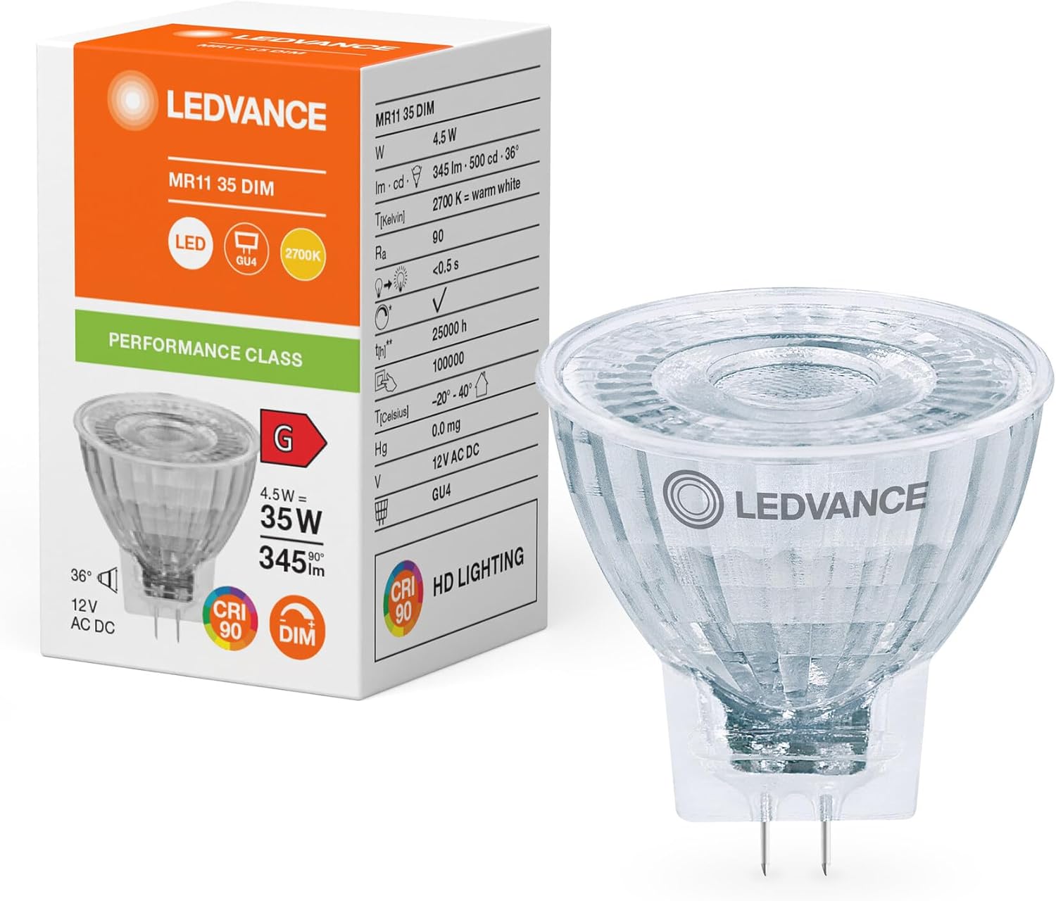LED MR11 4.5W (35W eqv.) 12V 2700K 36 Degrees RA90 Dimmable Ledvance ...