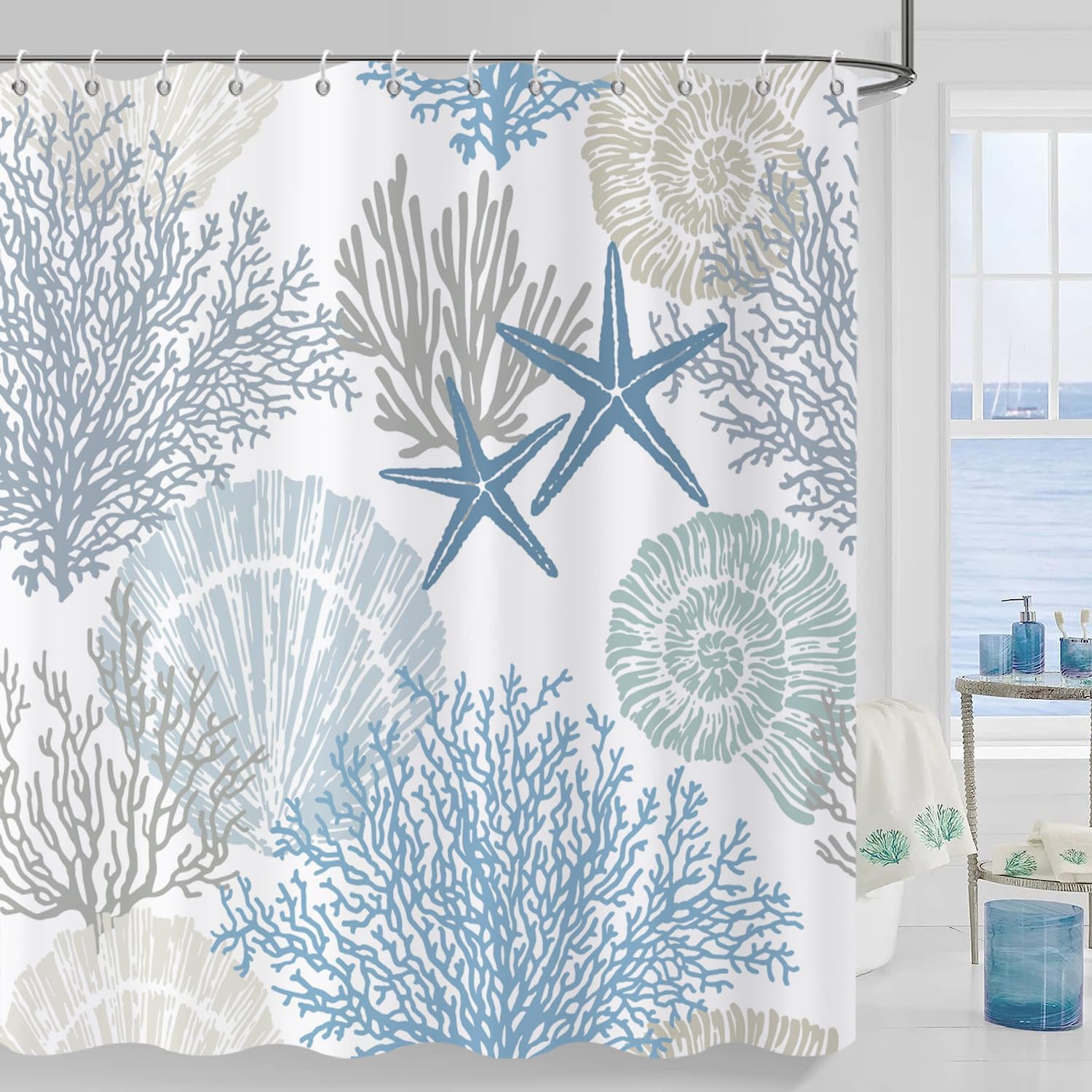 Amazon.com: Beach Shower Curtain for Bathroom Blue Coastal Seashell ...