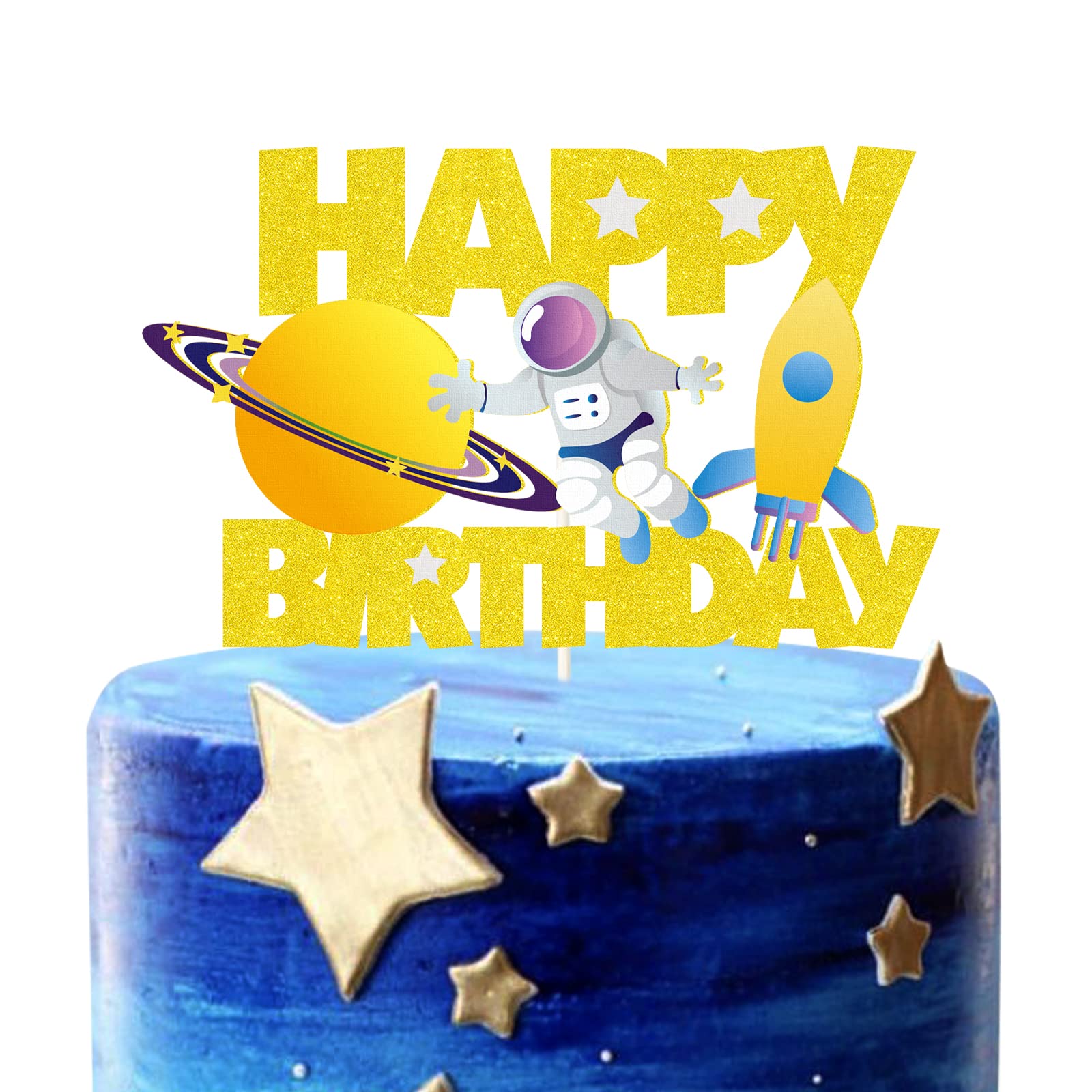 Rocket Cake Topper Gold Space Happy Birthday Cake Topper Space ...