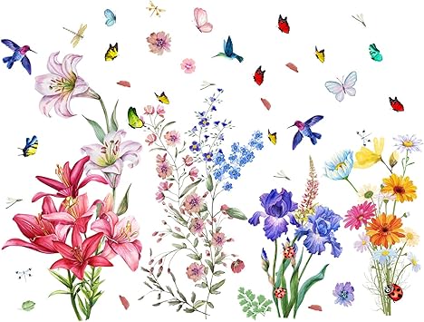 Amazon.com: Spring Flower Stickers, Chrysanthemums Lily Birds ...