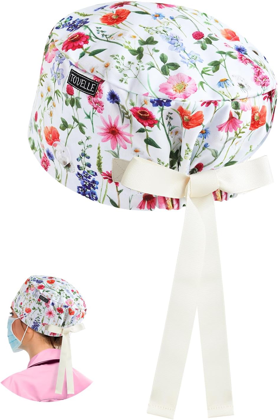 Wildflower Pattern Scrub Caps for Women with Buttons, Floral Surgical ...