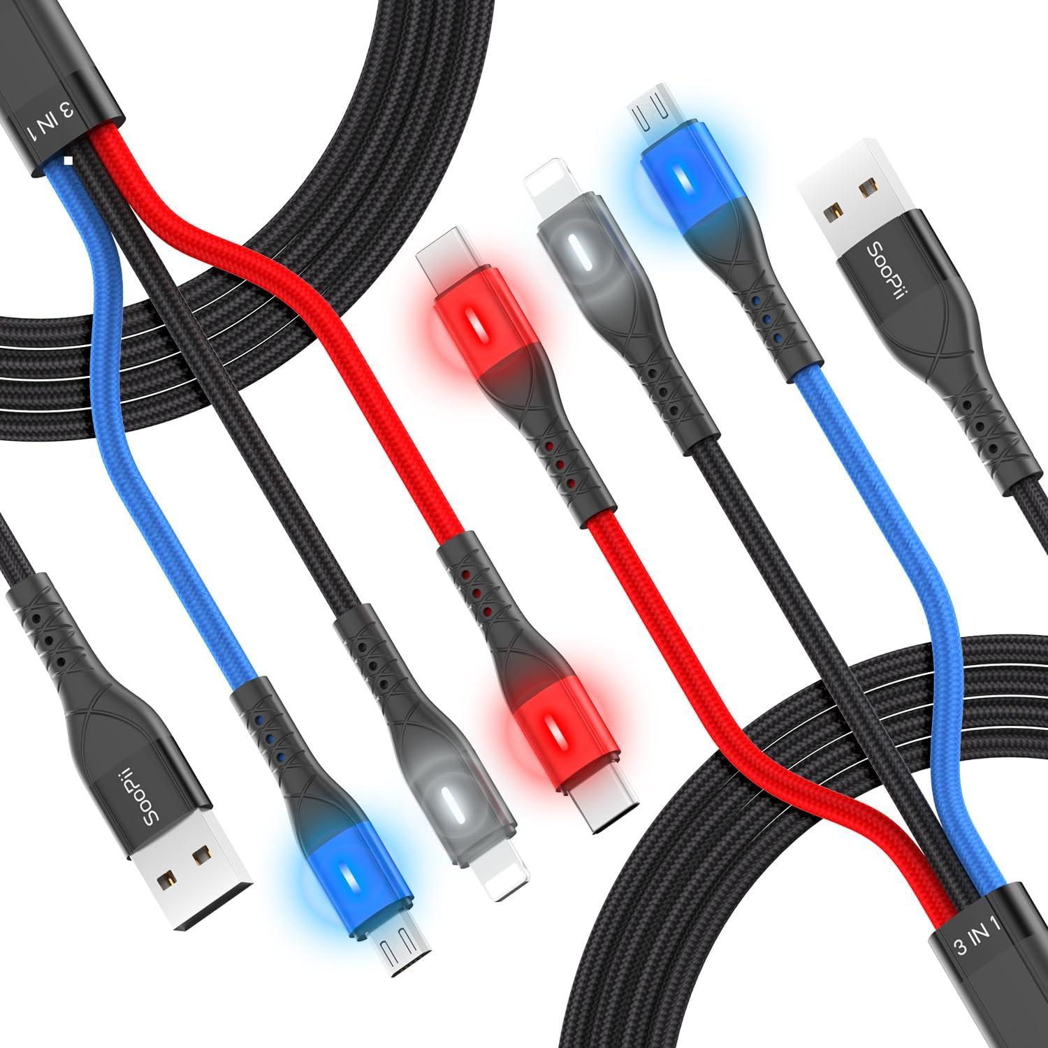 SOOPII Car Carplay Cable with 3 Colors LED Indicator,Nylon Braided 3 in ...