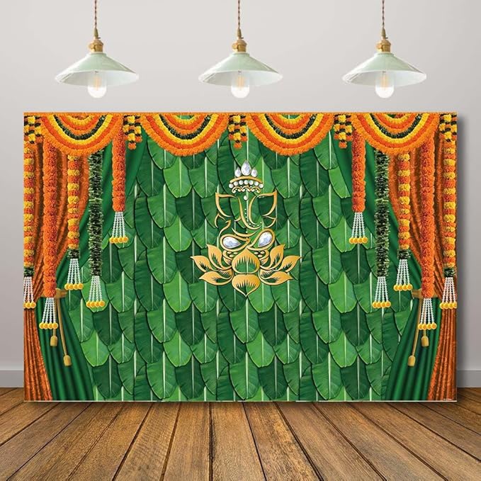 Amazon.com : Rcoaror India Pooja Photo Backdrop Green Puja Ganpati ...