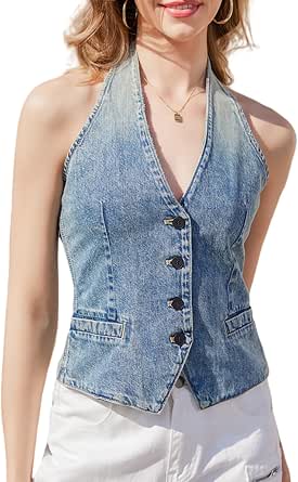 Amazon.com: OVRUNS Womens Sleeveless Denim Vest Halter Neck Backless ...