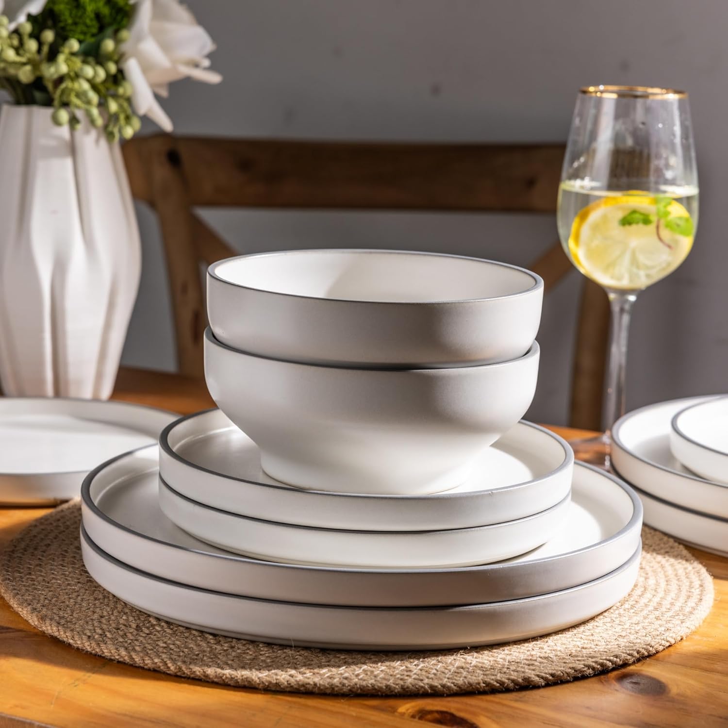 LERATIO Ceramic Dinnerware Sets of 4, High Edge Stoneware Plates and ...